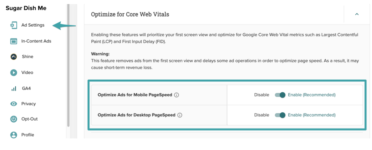 Optimize for Pagespeed Settings